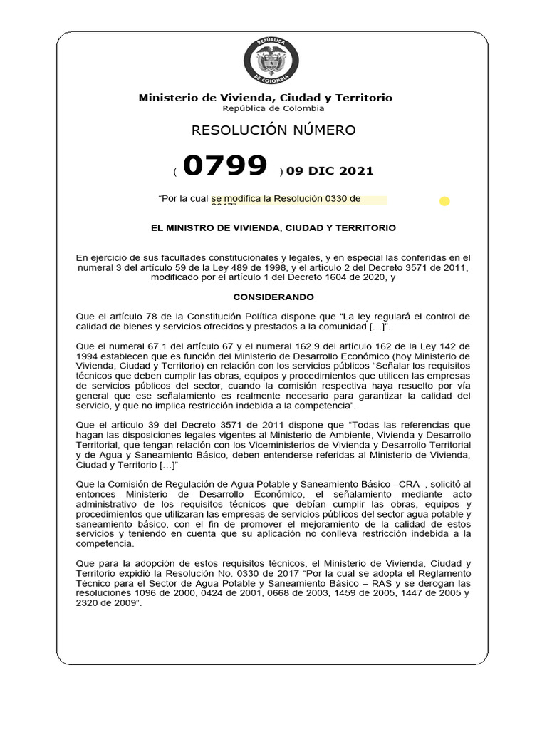 Modificación de la Resolución 799 de 2021 | PDF | Agua | Diseño