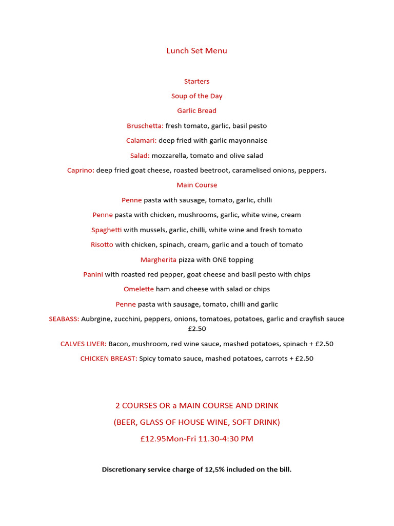 Lunch Menu: Starters & Mains Offer | PDF