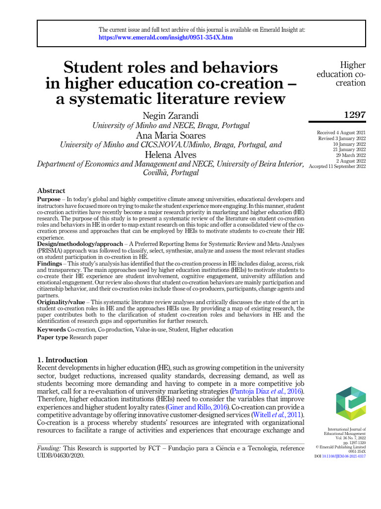 Student Roles and Behaviors in Higher Education Co-Creation-A Systematic Literature Review - O ...