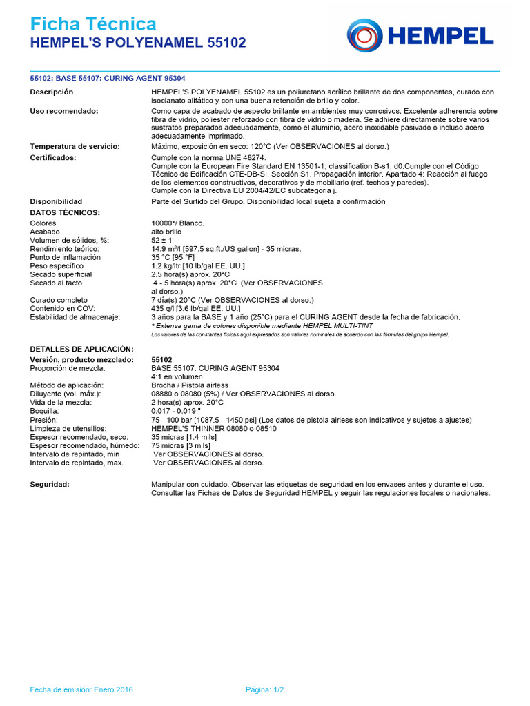 Ficha Tecnica Hempel Polyenamel 55102 | PDF | Agua