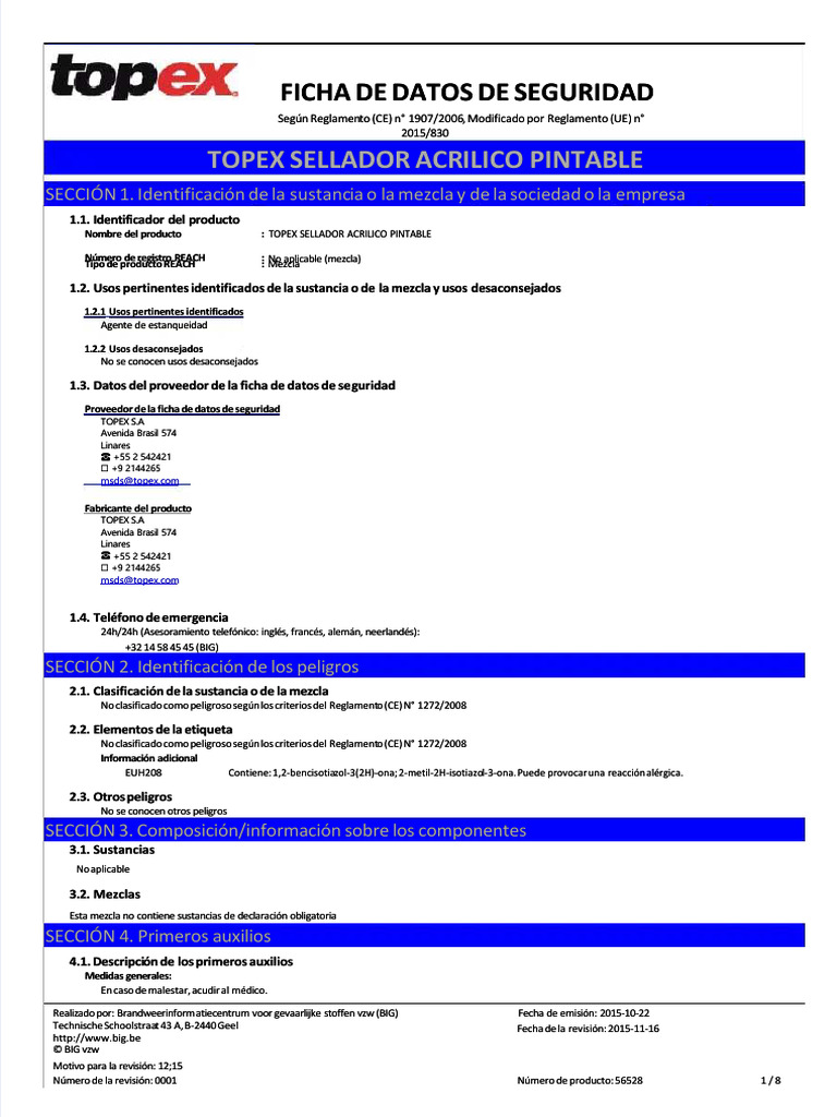 Ficha de Seguridad Sellador Acrílico Topex | PDF | Residuos | Combustión