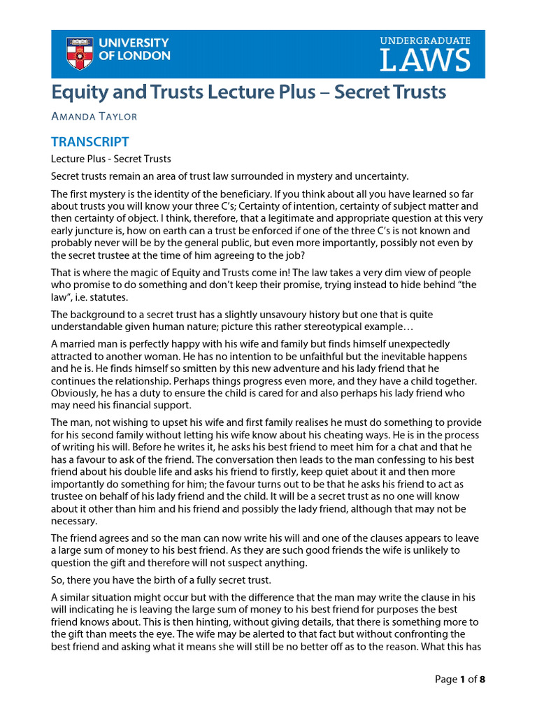 LecturePlus Trusts Jan 2021 - Transcript | PDF | Will And Testament ...
