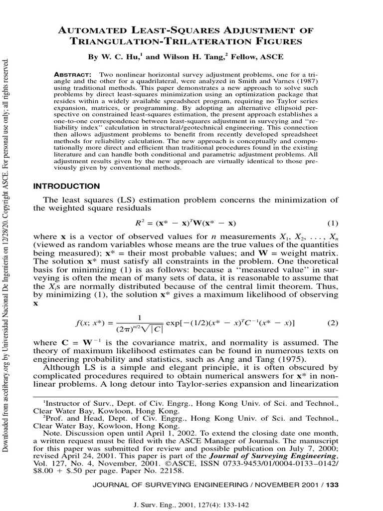 Asce Automated Least Squares Adjustments Of Triangulatio Trilateration Figures Pdf