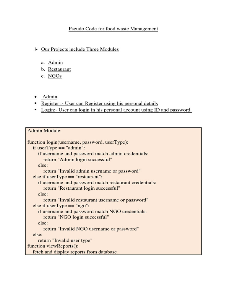 Food Waste Management Pseudo Code | PDF | User (Computing) | Login