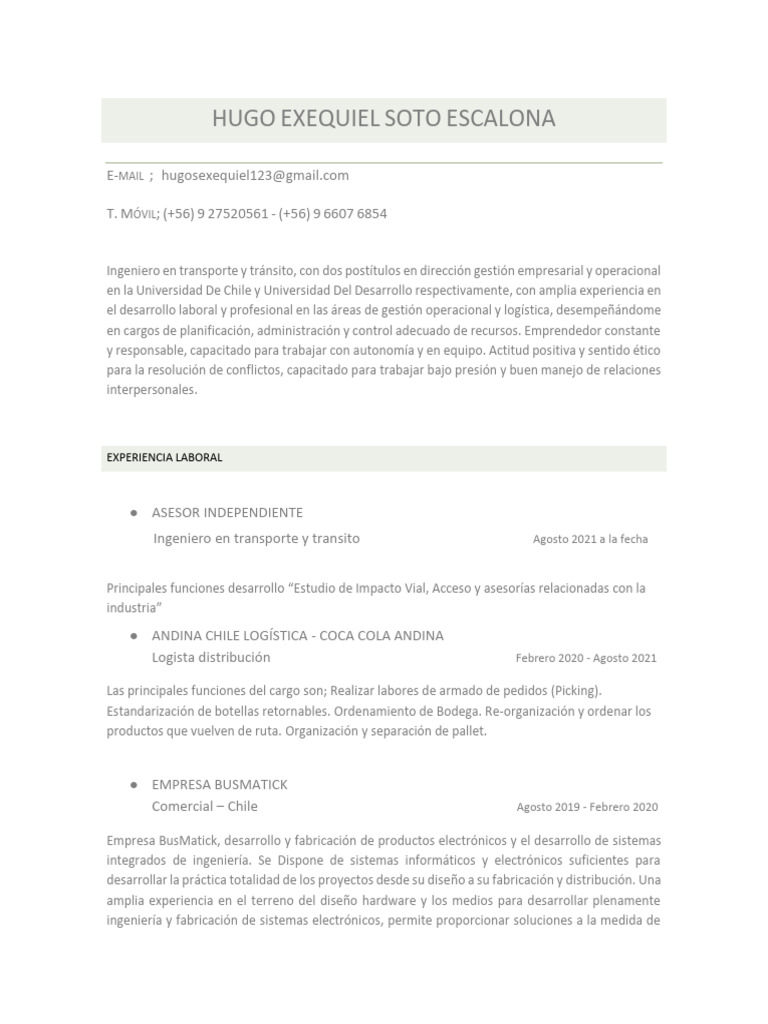 Curriculum Vitae Hugo Escalona | PDF | Logística | Business