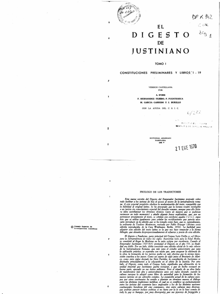 D'ORS El Digesto de Justiniano T1 | PDF | Justiniano I | Justicia