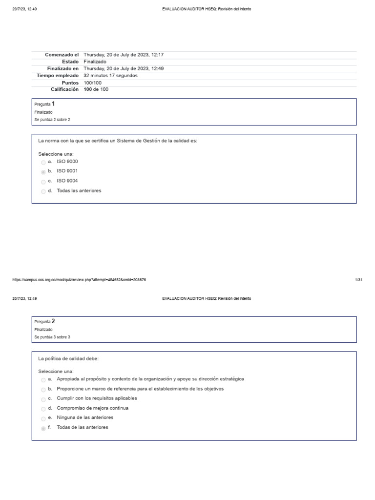 Evaluacion Auditor Hseq Revisión Del Intento Descargar Gratis Pdf