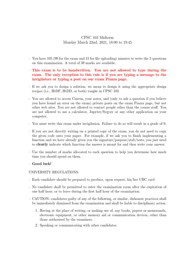 CPSC 103 Midterm 2020W2-1 | PDF | Computer Programming