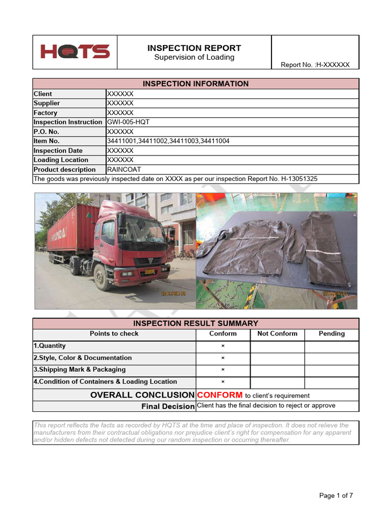 Raincoat Loading Inspection Report | PDF