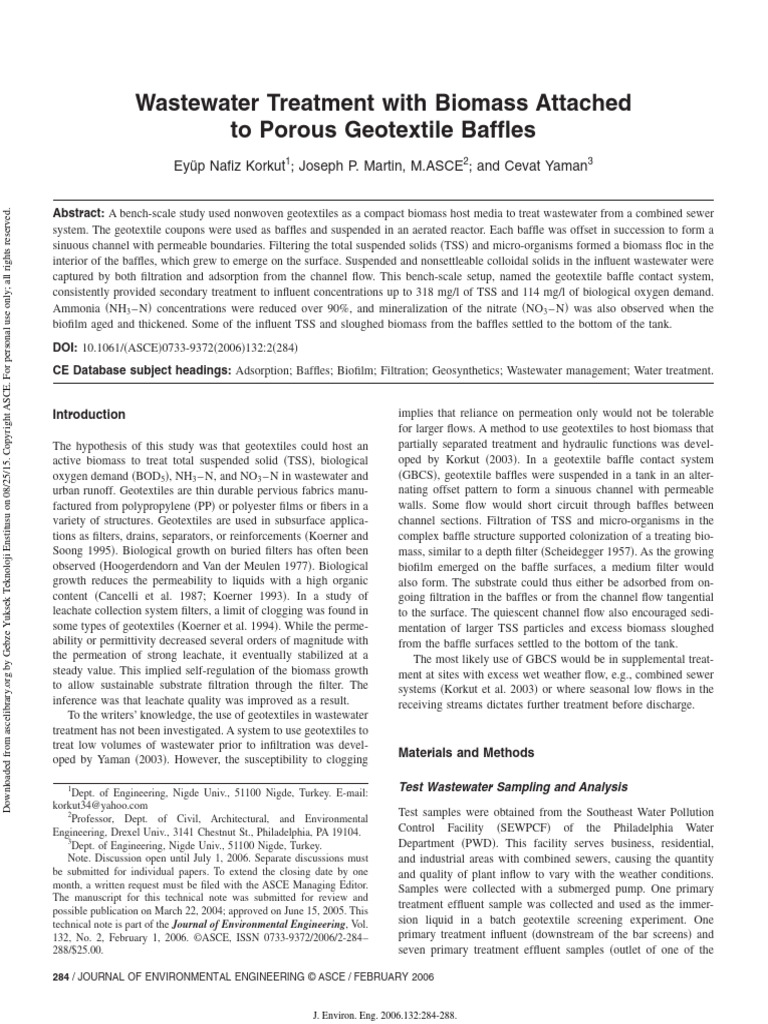 P-Wastewater Treatment With Biomass Attached To Porous Geotextile ...