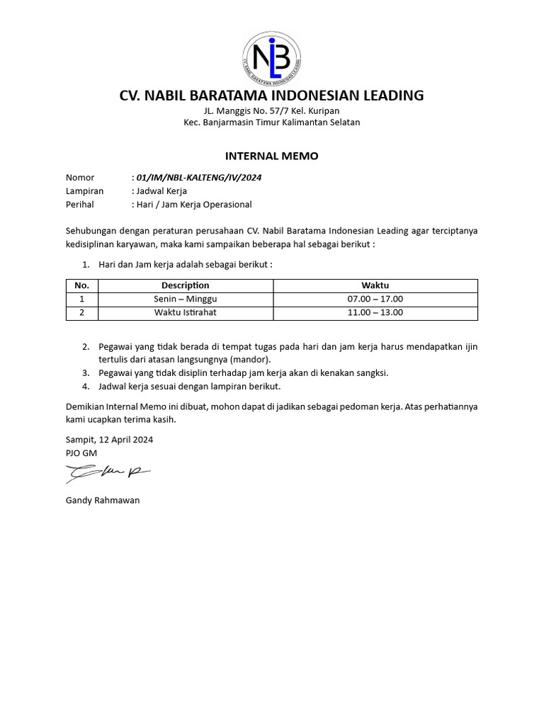 Memo Perubahan Jam Kerja CV. Nabil | PDF