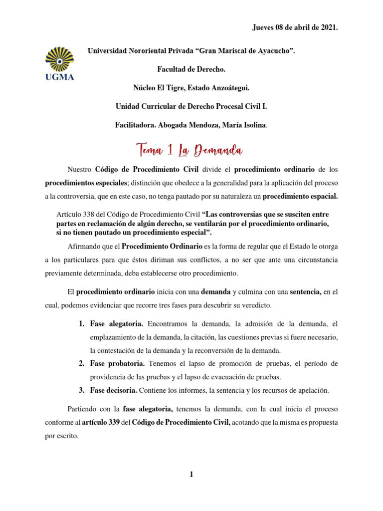 Proceso de Demanda en Derecho Civil | PDF | Procedimiento Civil ...