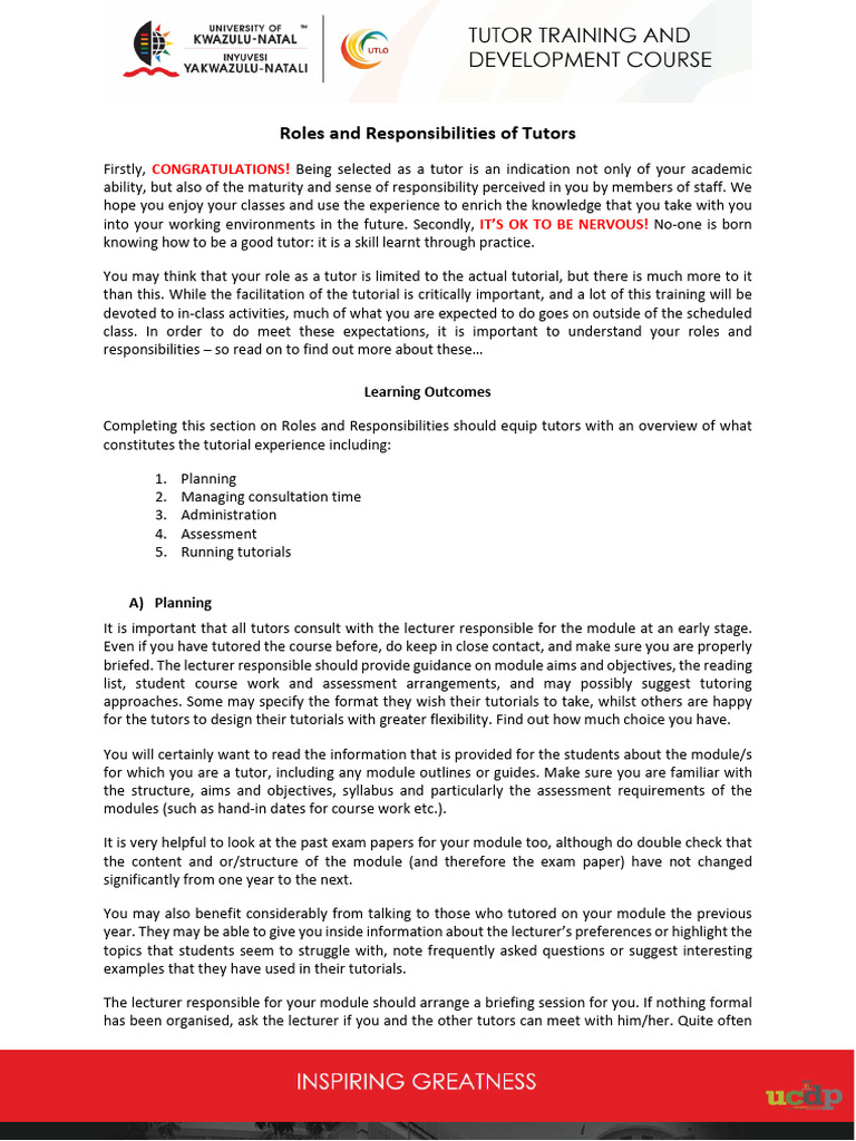 Roles and Responsibilities of Tutors | PDF | Lecture | Tutorial