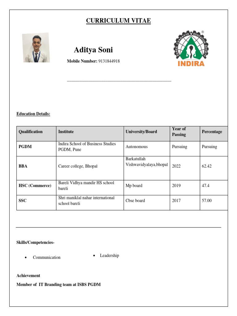 Indira - Resume - Aditya - 1 (1) 2 | PDF | Marketing | Business