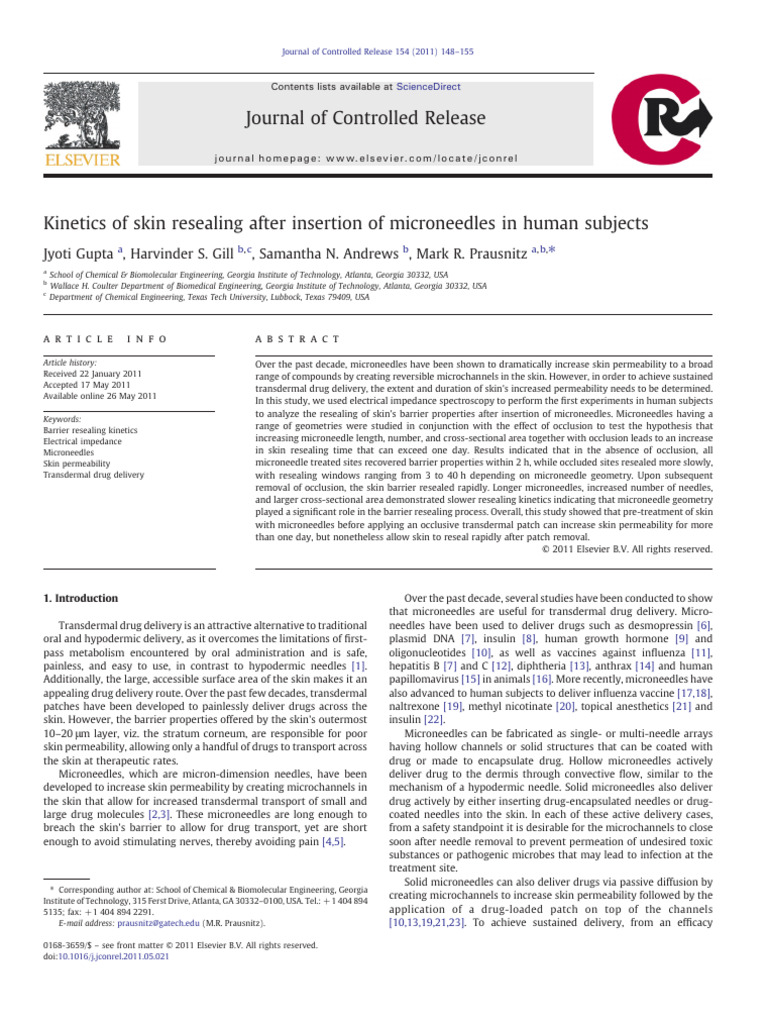 Kinetics of Skin Resealing After Insertion of Microneedles in Human Subjects | PDF