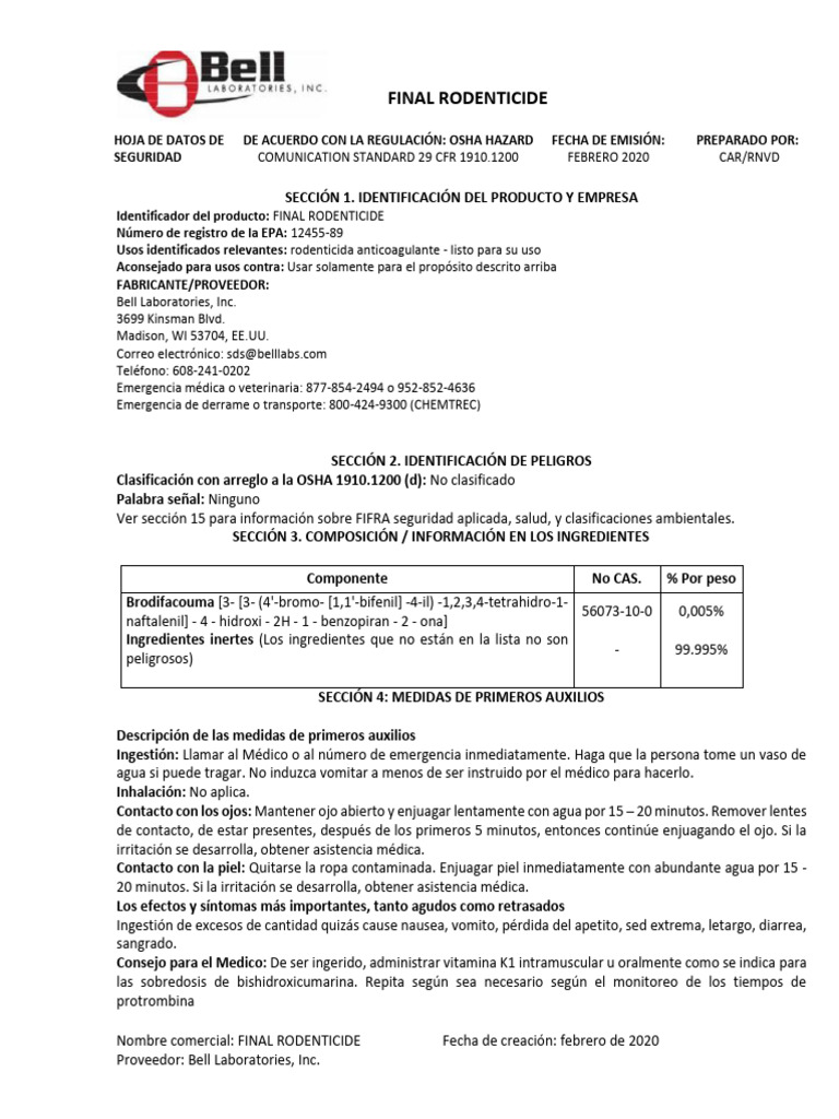 Hoja de Seguridad de FINAL RODENTICIDE | PDF | Agua | Residuos