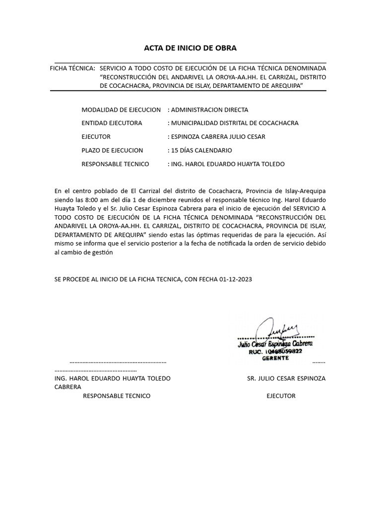 Acta de Inicio de Obra | PDF