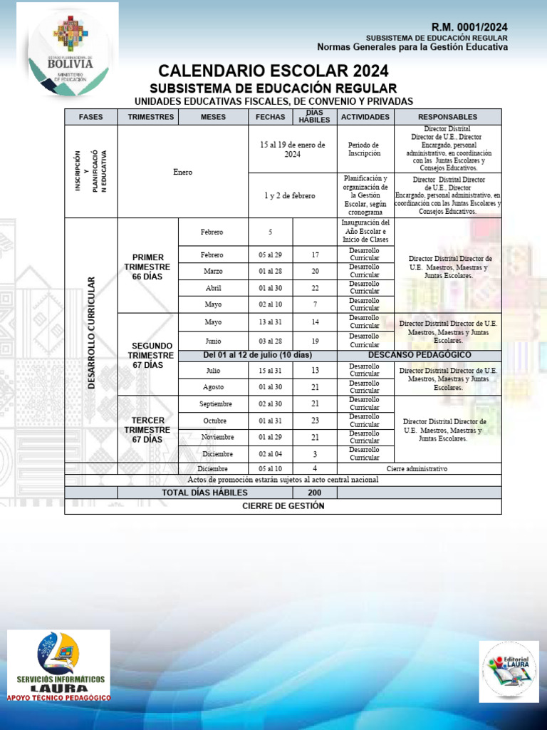 Calendario Escolar 2024 - Educacion Regular - Oficial | PDF