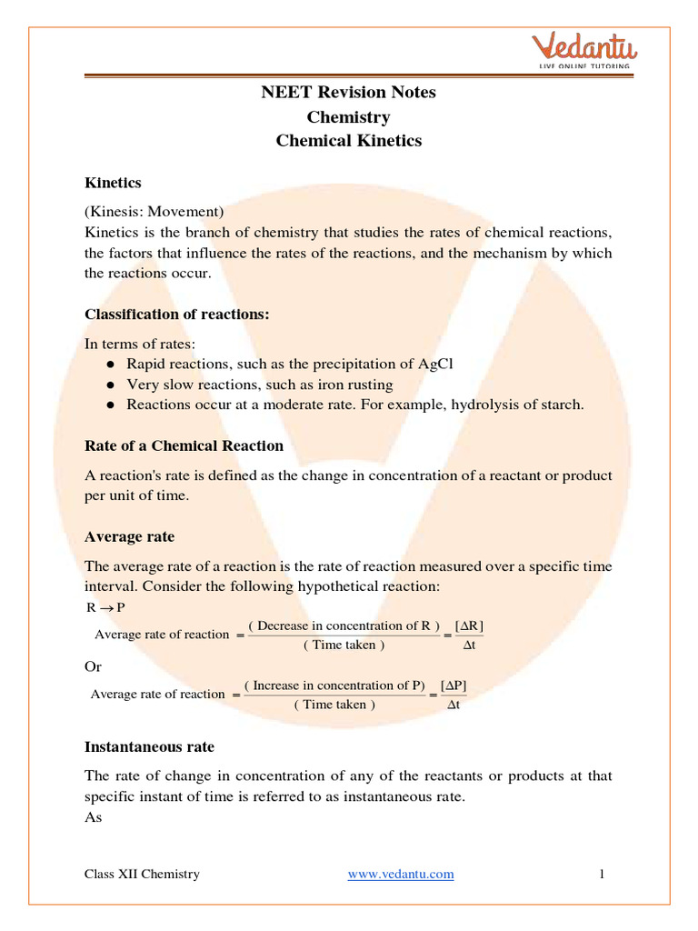 Chemical Kinetics Class 12 Notes NEET Chemistry (PDF) | PDF | Reaction ...