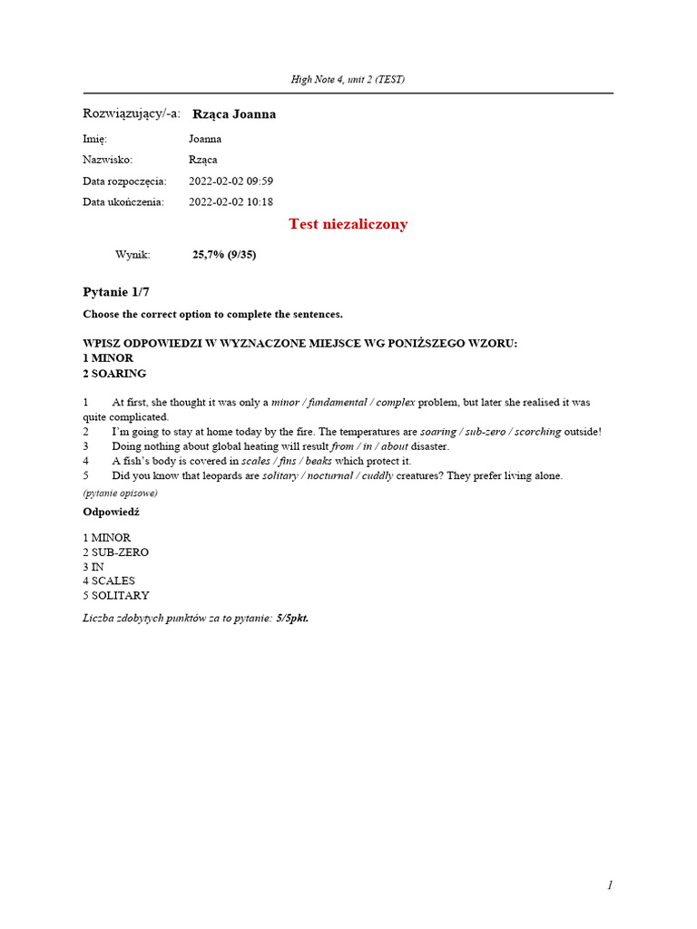 High Note 4, Unit 2 (TEST) - Rząca Joanna - Udzielone Odpowiedzi | PDF ...