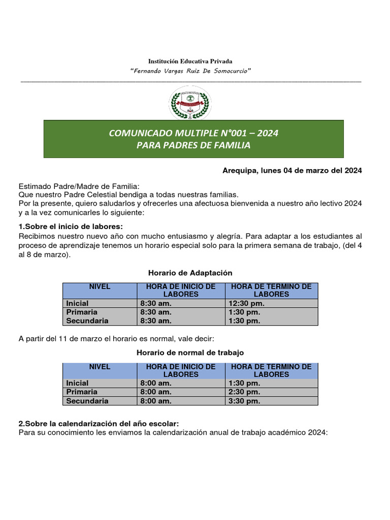 Comunicado N°01 para Ppff. | PDF