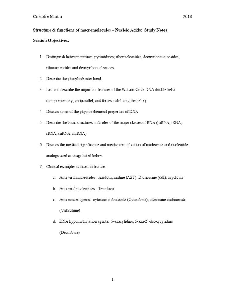 Nucleic Acid Study Notes - Fall 2018 | PDF | Nucleotides | Rna
