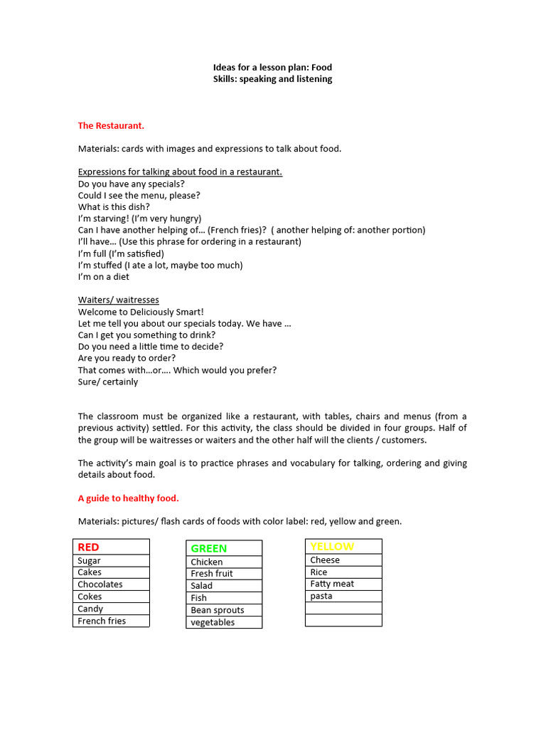 Ideas For A Lesson Plan - FOOD | PDF | Waiting Staff | Menu