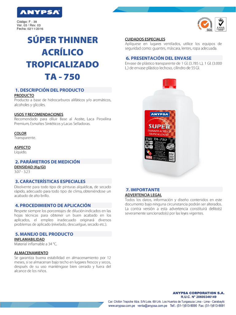 Ficha Tecnica - Super-Thinner-Acrilico-Tropicalizado-Ta-750 | PDF