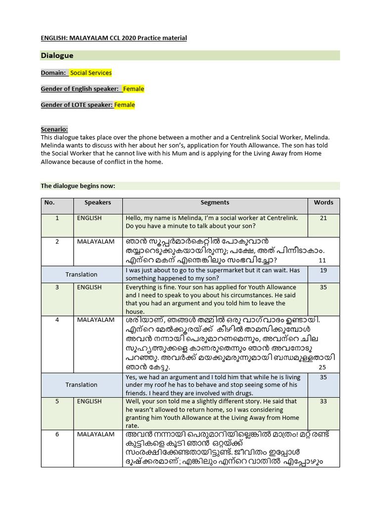 Malayalam Practice Material - Social Services | PDF