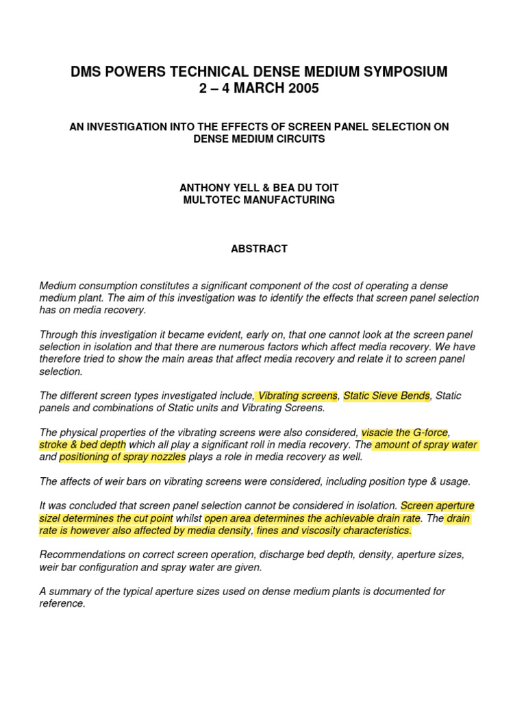 An Investigation Into The Effects of Screen Panel Selection On DMS ...