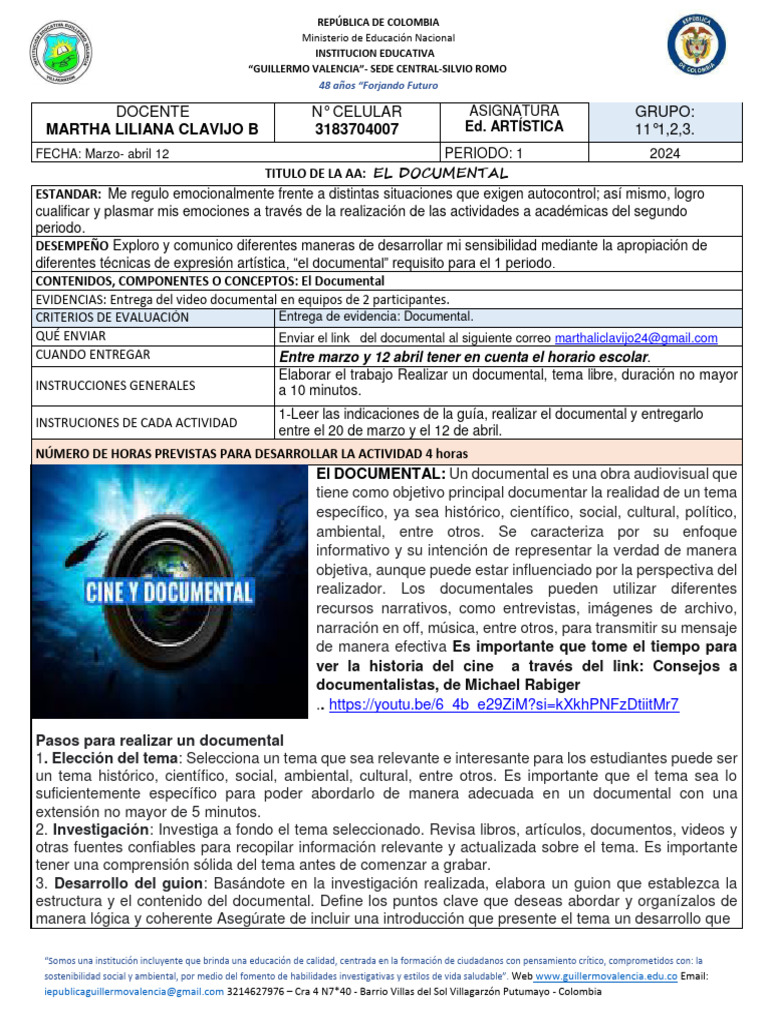 ARTISTICA 11°1,2,3 DOCUMENTAL 1PE-2024-- | PDF | Documental | Vídeo
