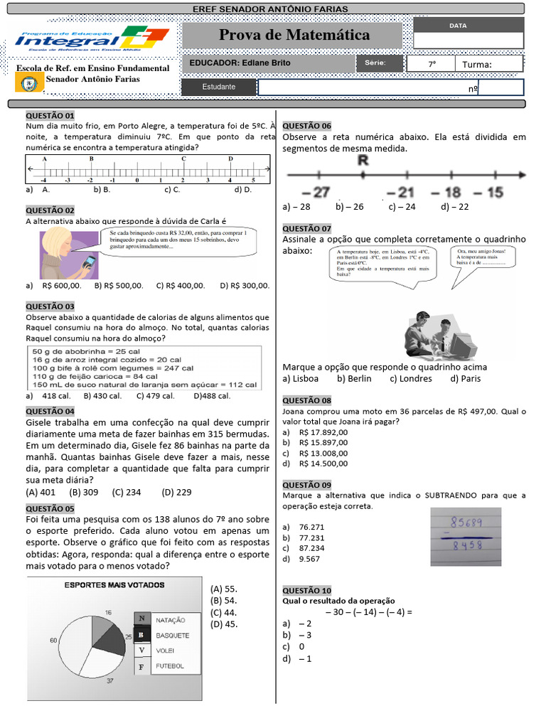 Prova 7 Ano Matemática | PDF