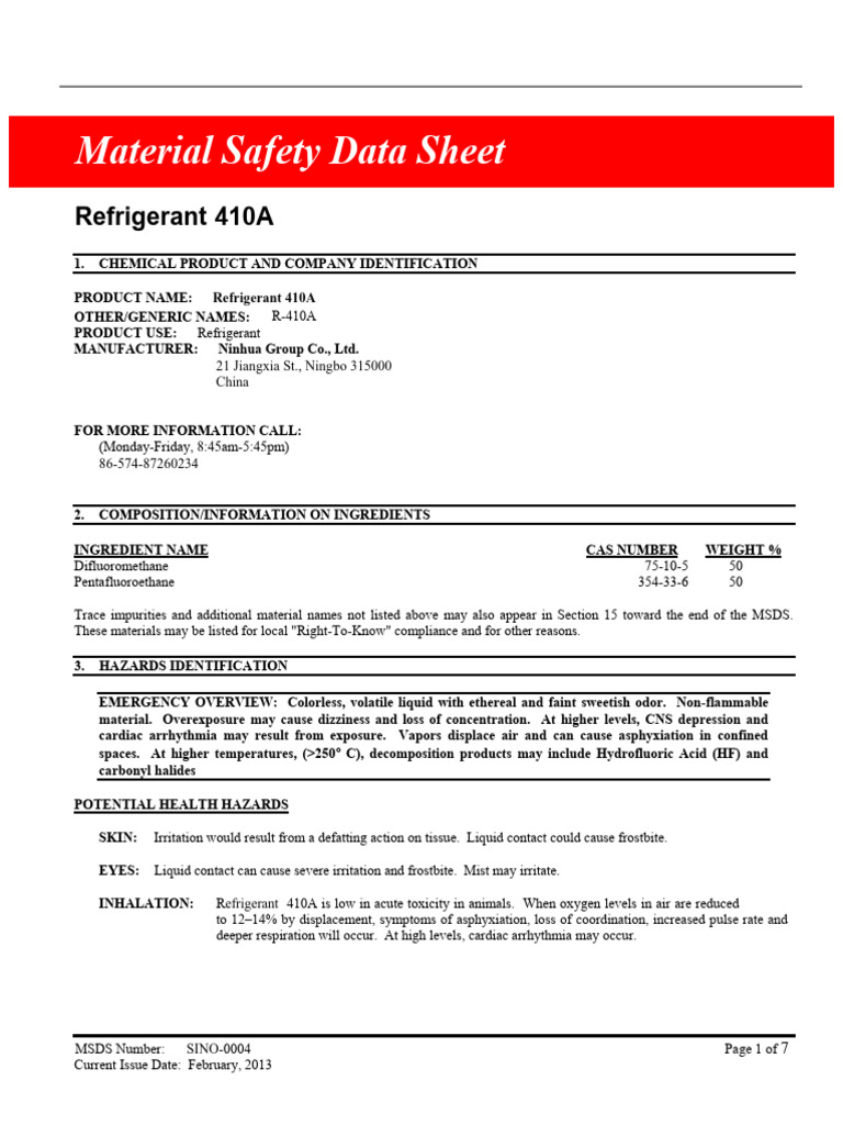 Refrigerant 410A Safety Data Sheet | PDF | Fires | Safety