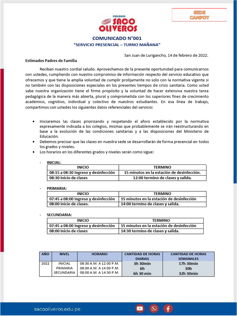 Comunicado N°01 - PPFF de Familia - Sede Campoy | PDF