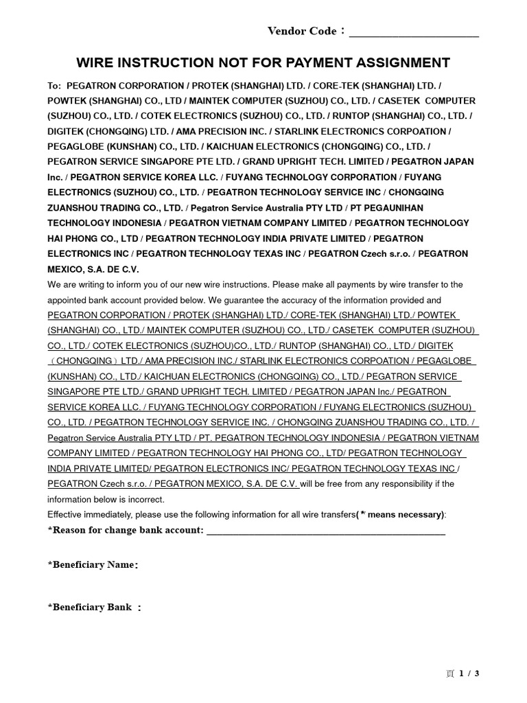 EN - WIRE INSTRUCTION NOT FOR PAYMENT ASSIGNMENT-202312 - Backup | PDF ...