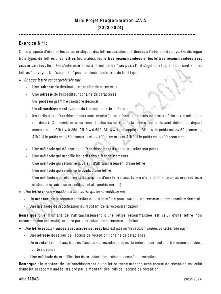 Mini Projet JAVA 2023-2024 | PDF | Lettre recommandée | Informatique