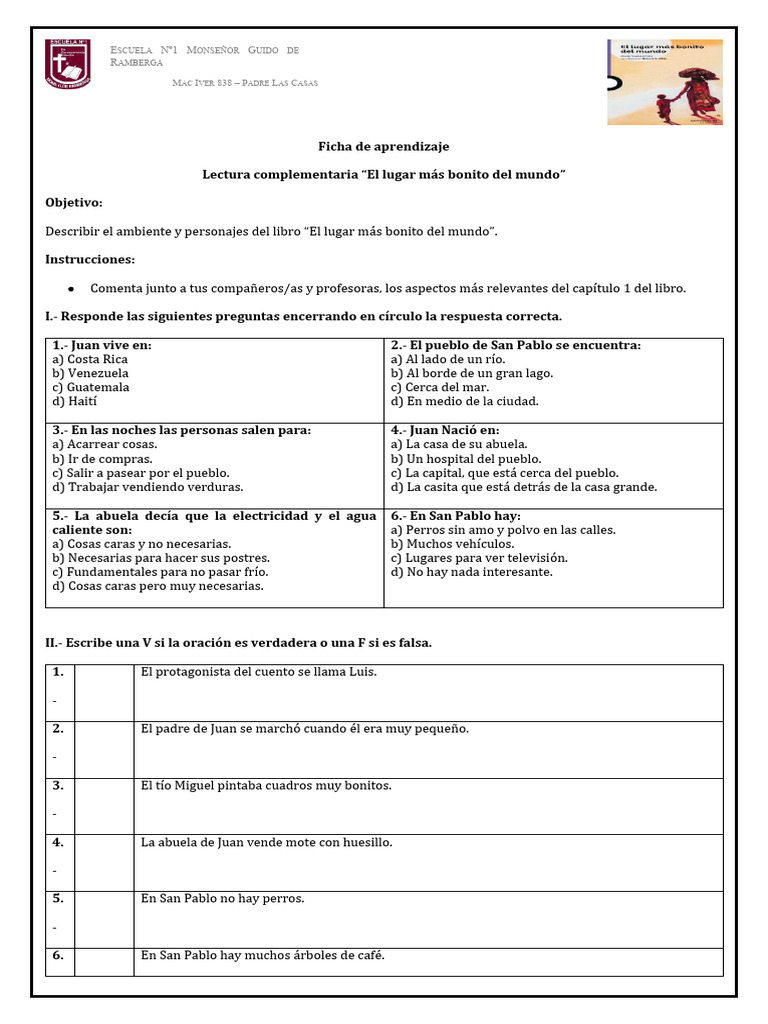 Ficha Capitulo 1 Libro El Lugar Más Bonito Del Mundo. | PDF