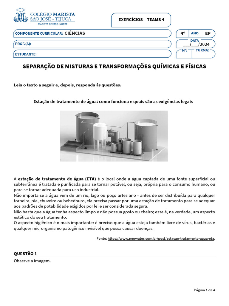 04 - Exercício Complementar - TEAMS - Ciências - 4º Ano | PDF | Tratamento de água | Química