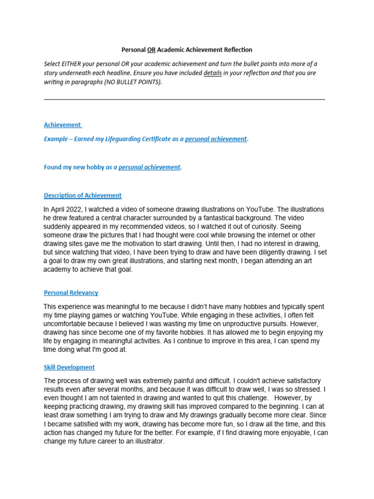 Personal or Academic Achievement Reflection | PDF | Goal | Behavior Modification