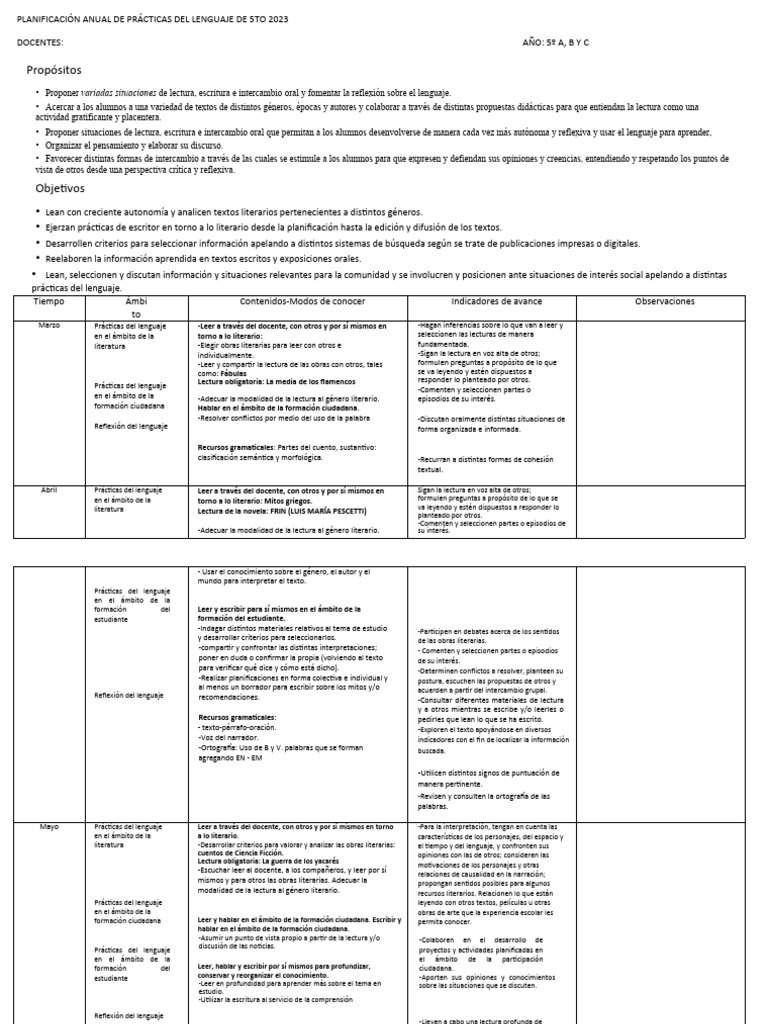 Plan Anual Lenguaje 5to Grado 2023 | PDF | Puntuación | Narración