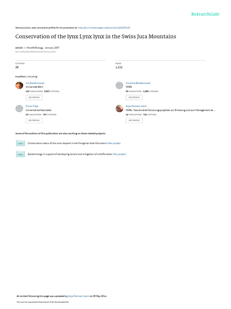 Conservation of The Lynx Lynx Lynx in The Swiss Ju | Download Free PDF | Conservation Biology ...