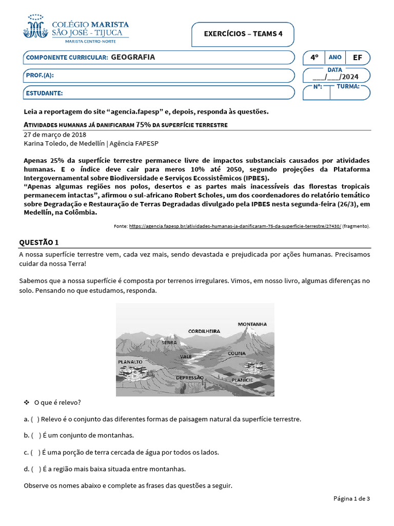04 - Exercício Complementar - TEAMS - Geografia - 4º Ano | PDF | Erosão | Agricultura