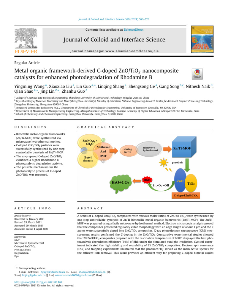 Metal Organic Framework-Derived C-Doped ZnO-TiO2 Nanocomposite | PDF ...