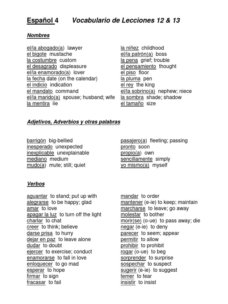 Vocabulario Español Lecciones 12 & 13 | PDF