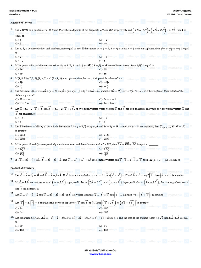 Question Most Important PYQs Vector Algebra JEE Main Crash Course MathonGo | PDF | Elementary ...