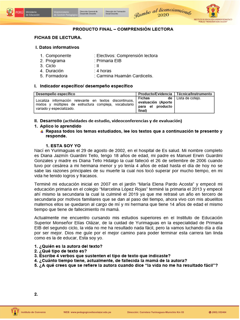 PRODUCTO FINAL- COMPRENSIÓN LECTORA | PDF | Narración