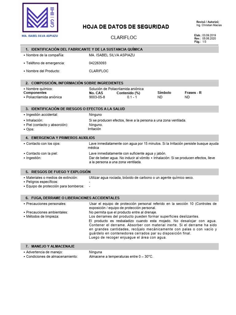MSDS Clarifloc | PDF | Agua | Solubilidad