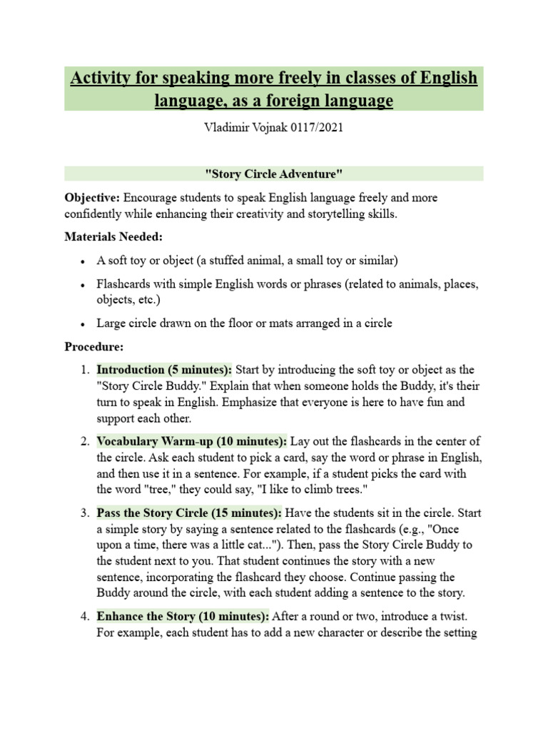 Story Circle Activity for English Speaking | PDF