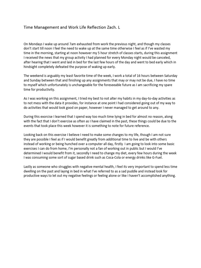 Time Management and Work Life Reflection Zach.L | PDF | Self-Improvement
