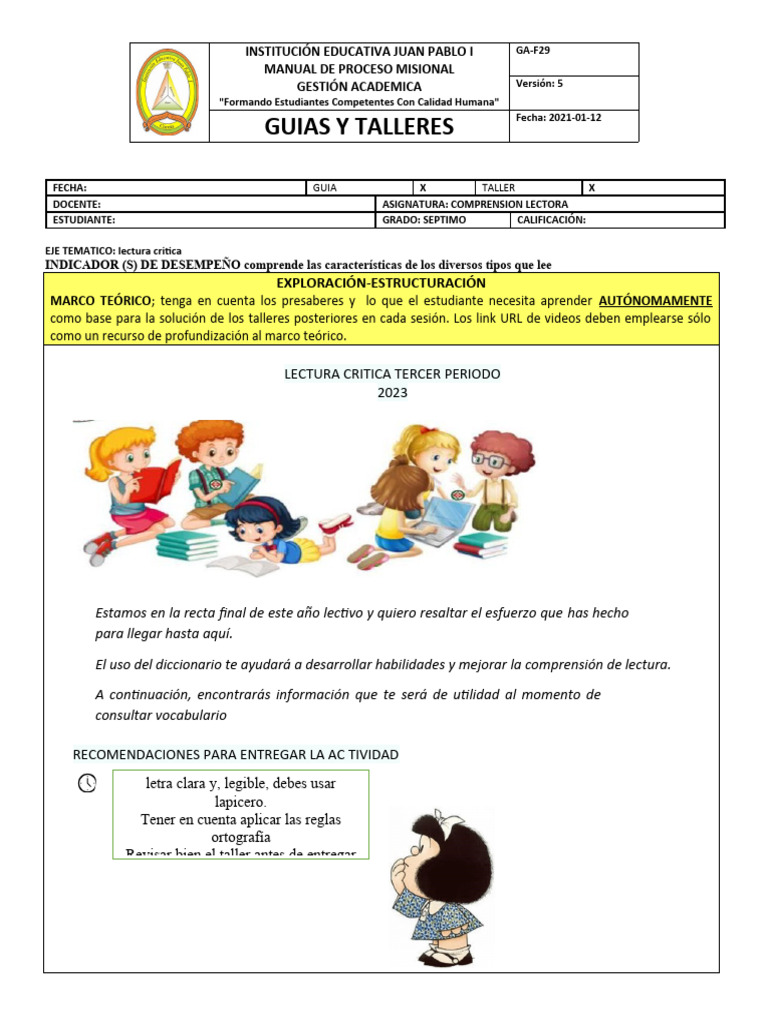 Guia Grado 7 Mes Agosto Sep Comprension Lectora Pdf Harry Potter